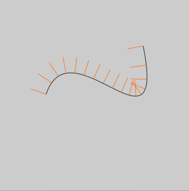 【Processing】bezierTangent()の使い方【曲線の特定の場所での方向や角度を計算する関数】
